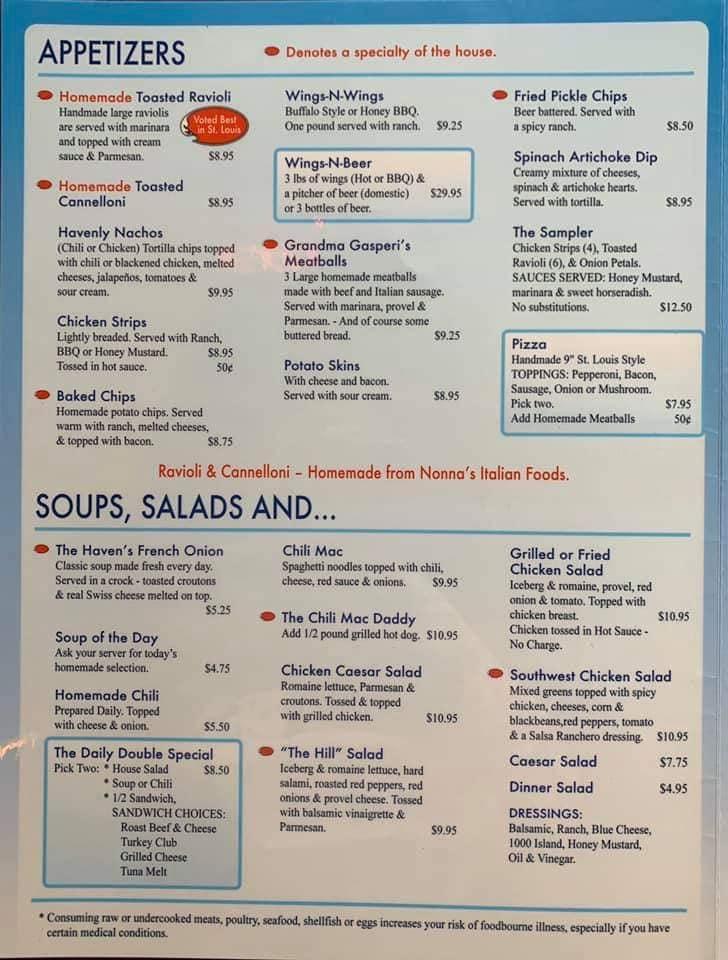 Menu at The Haven pub & bar, St. Louis, Morgan Ford Rd