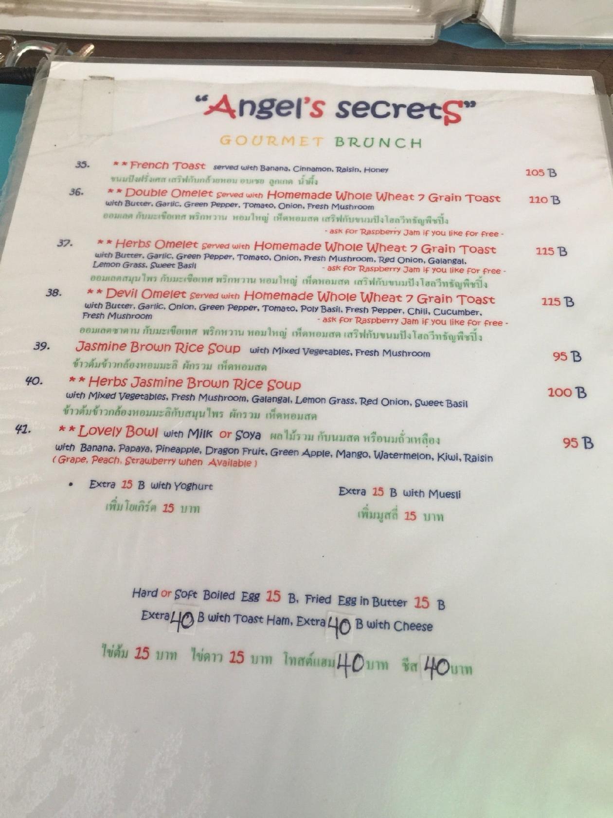 Menu at Angel's Secrets Cafe, Chiang Mai