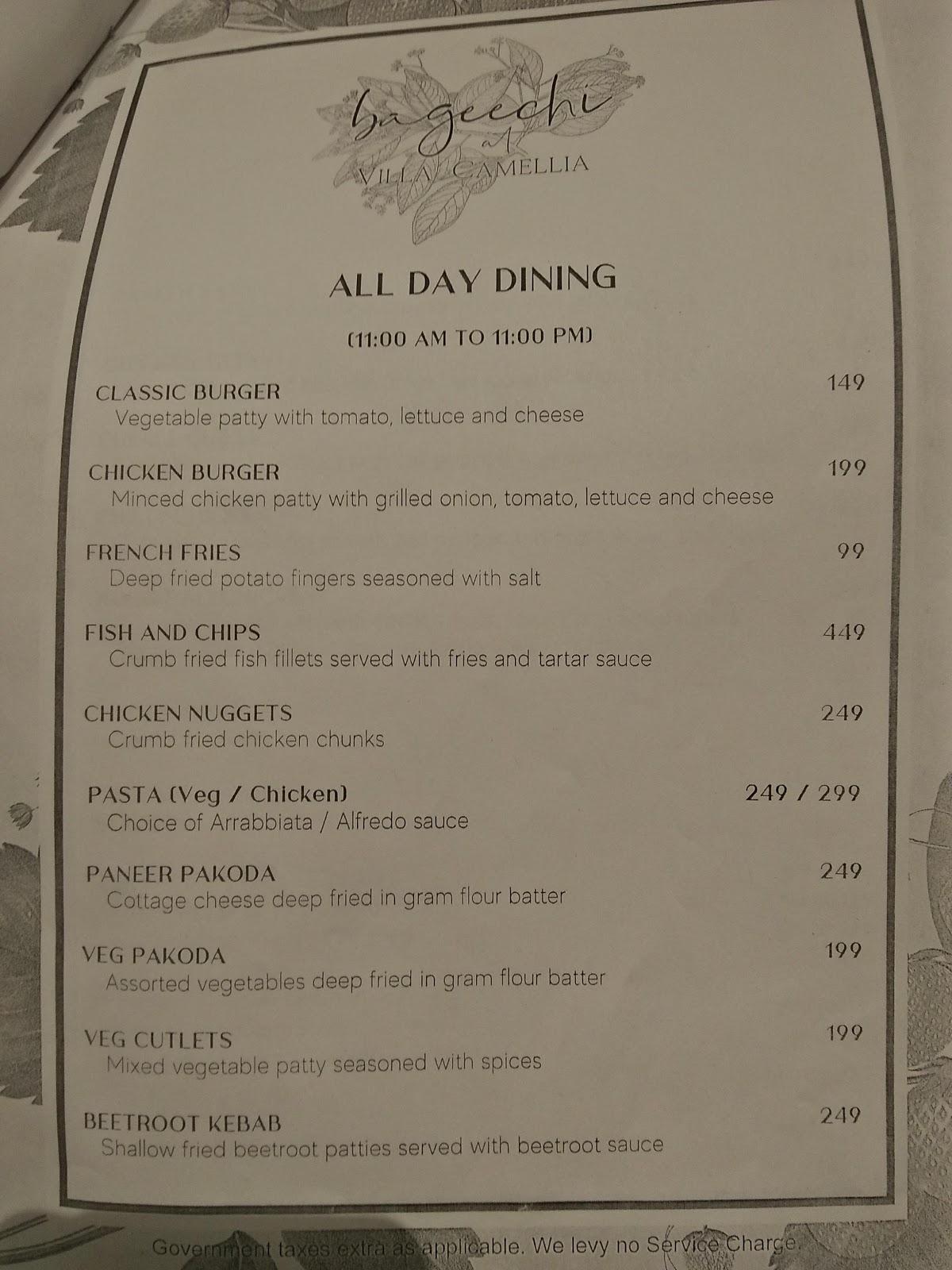 Menu at Bageechi @ Mastiff Villa Camellia, Palampur