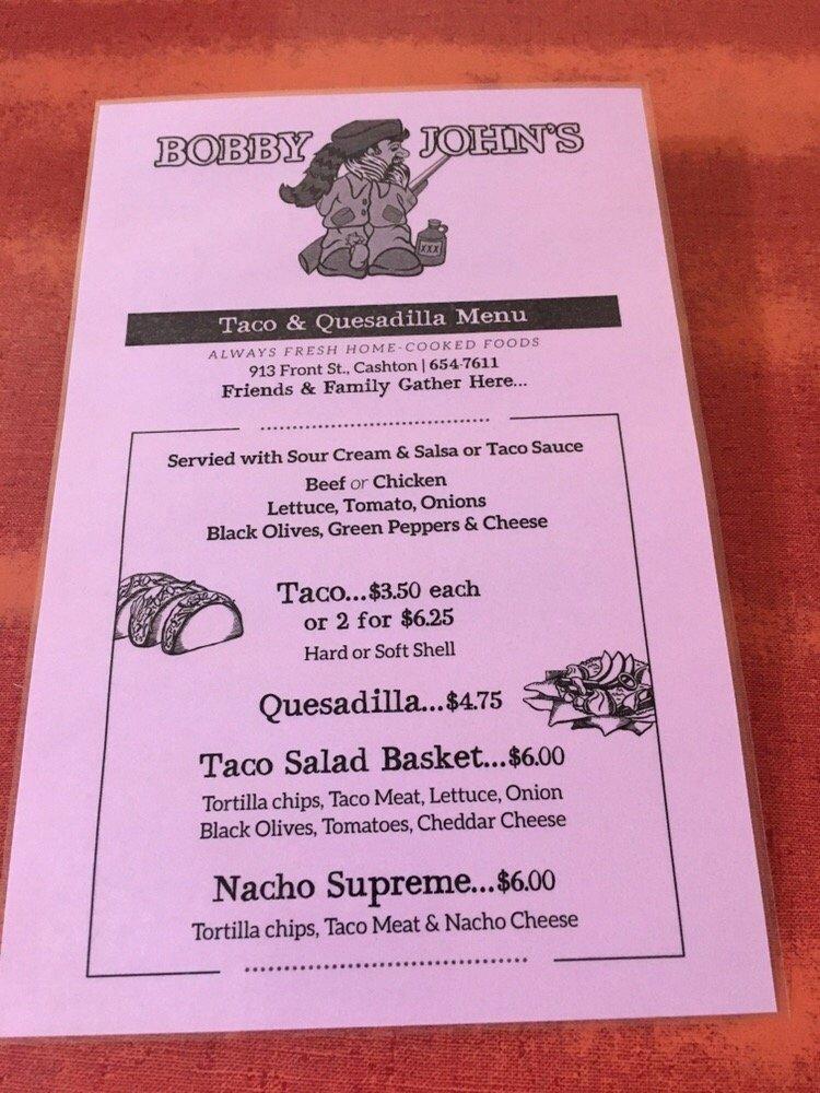 Menu at Bobby John's restaurant, Cashton