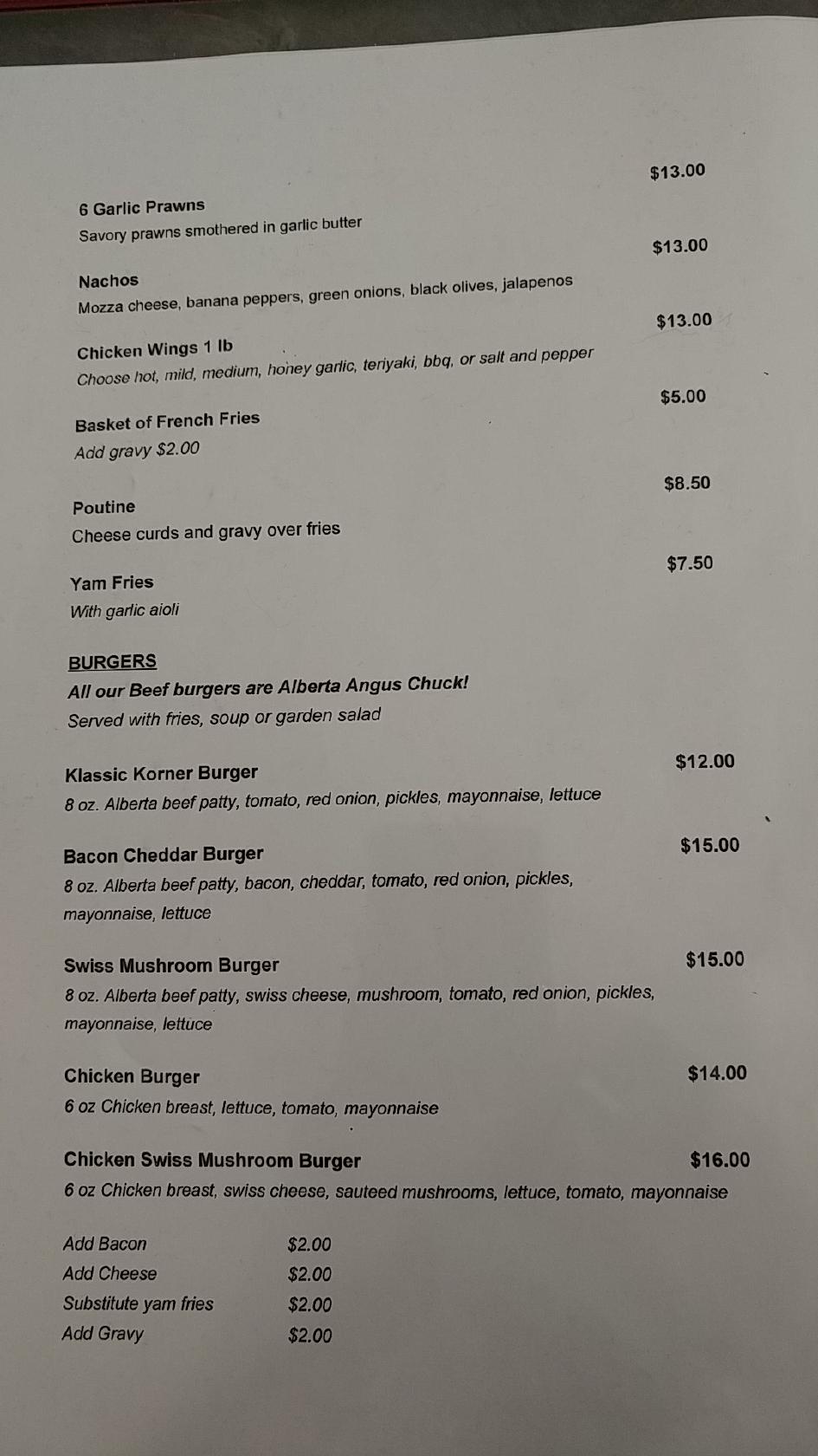 Menu at Bragg's Korner Kitchen restaurant, Bragg Creek