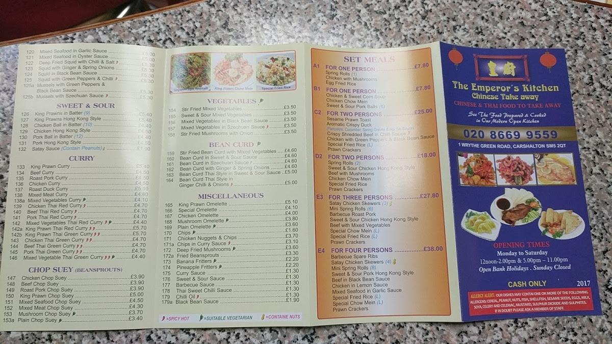 Menu at The Emperor's Kitchen restaurant, Carshalton