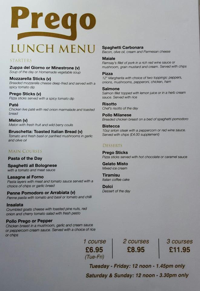 Menu at Prego restaurant, Lanark