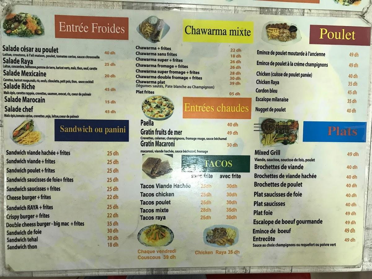 Menu at Snack Raya restaurant, Casablanca