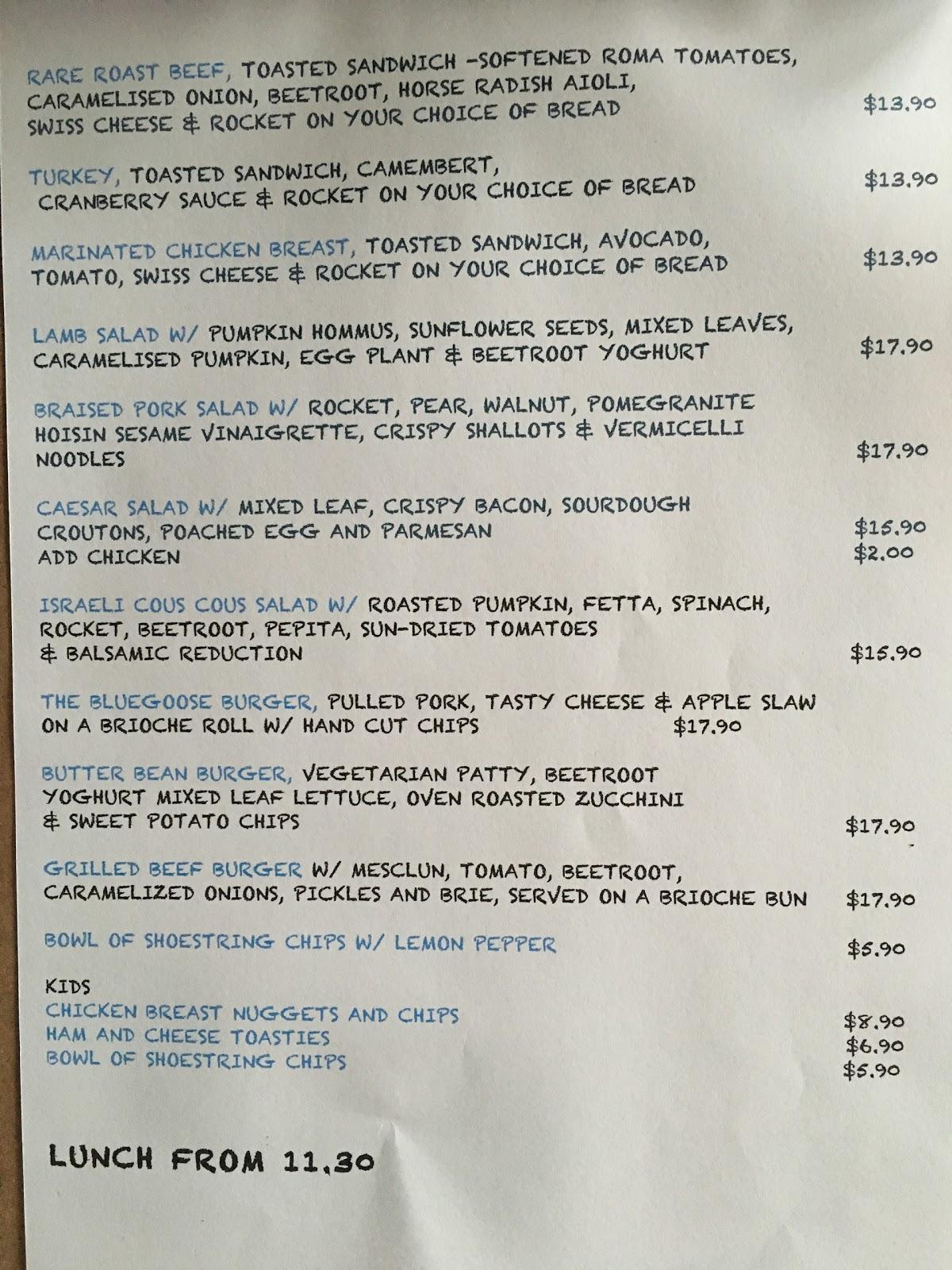 Menu at The Blue Goose cafe, Gerringong