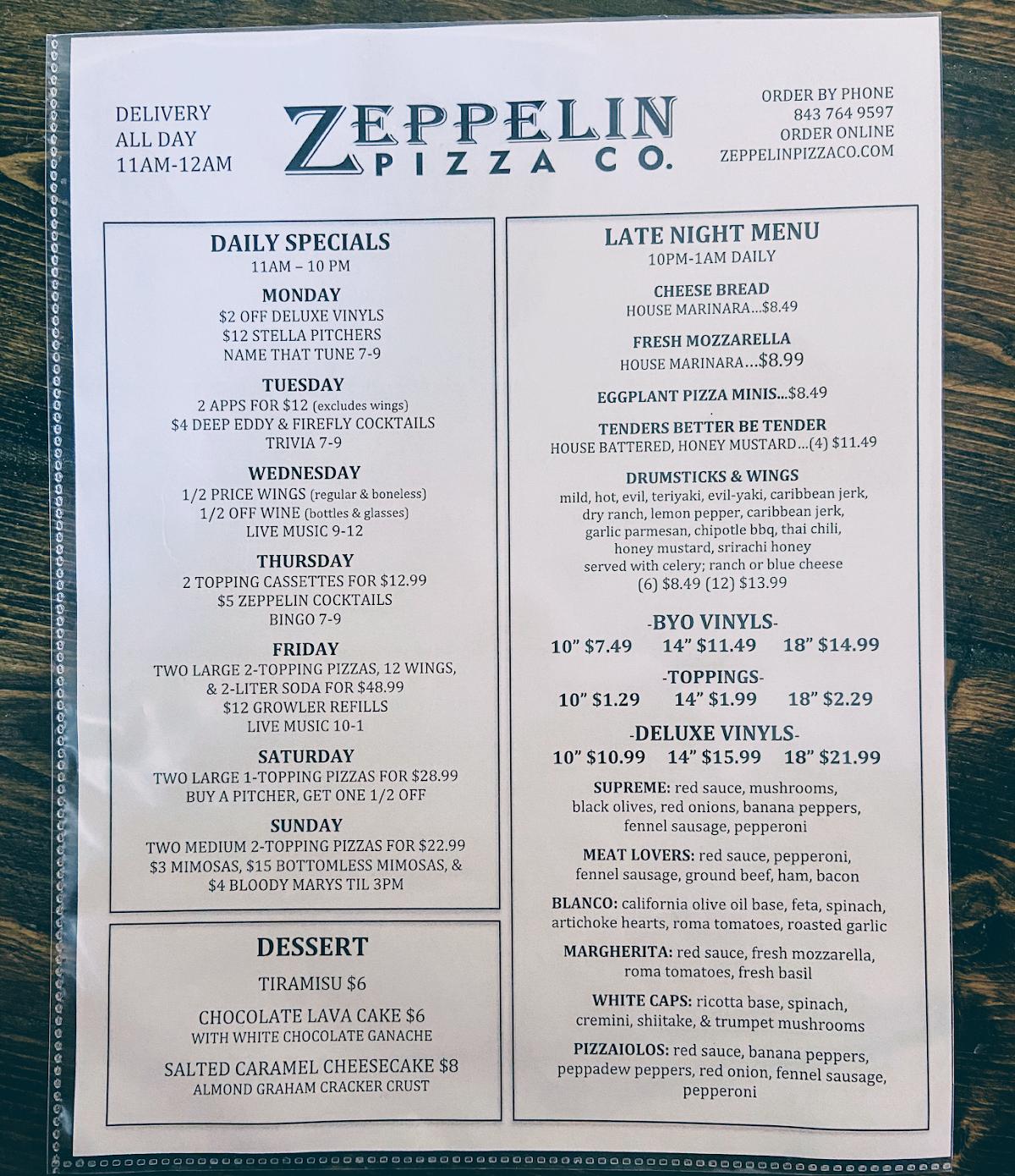Menu at ZEPPELIN PIZZA CO. Johns Island pizzeria, Johns Island