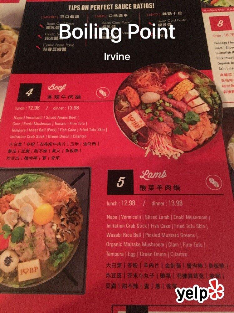 Menu at Boiling Point restaurant, Irvine, Culver Dr