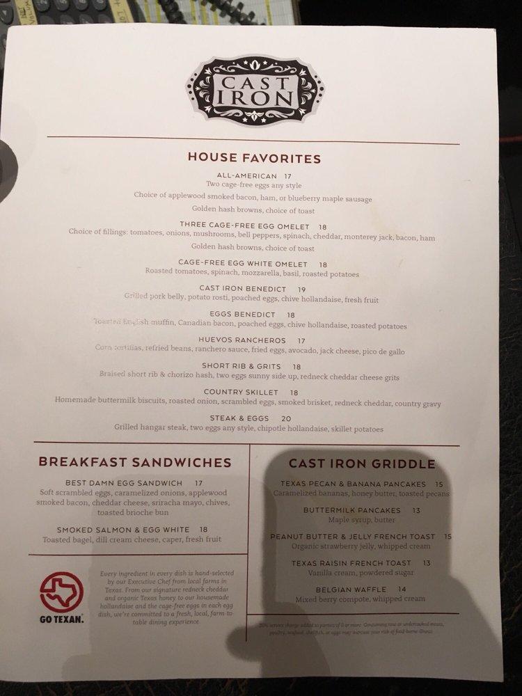 Menu at Cast Iron Restaurant, Fort Worth