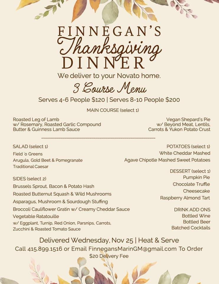 Menu at Finnegan's Marin Restaurant & Bar, Novato