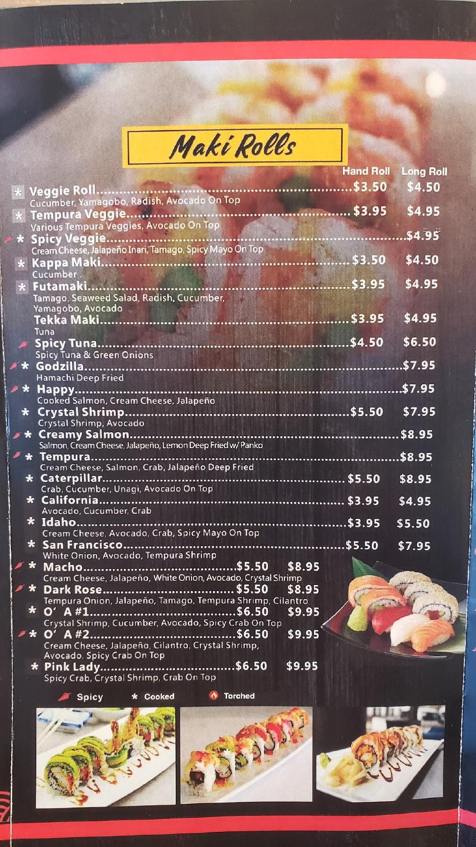 Menu at O’A Sushi restaurant, Reno