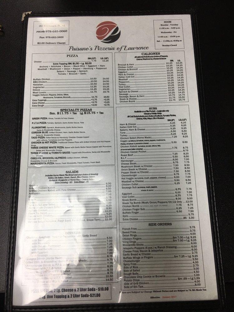 Menu at Paisano's Pizzería pizzeria, Lawrence