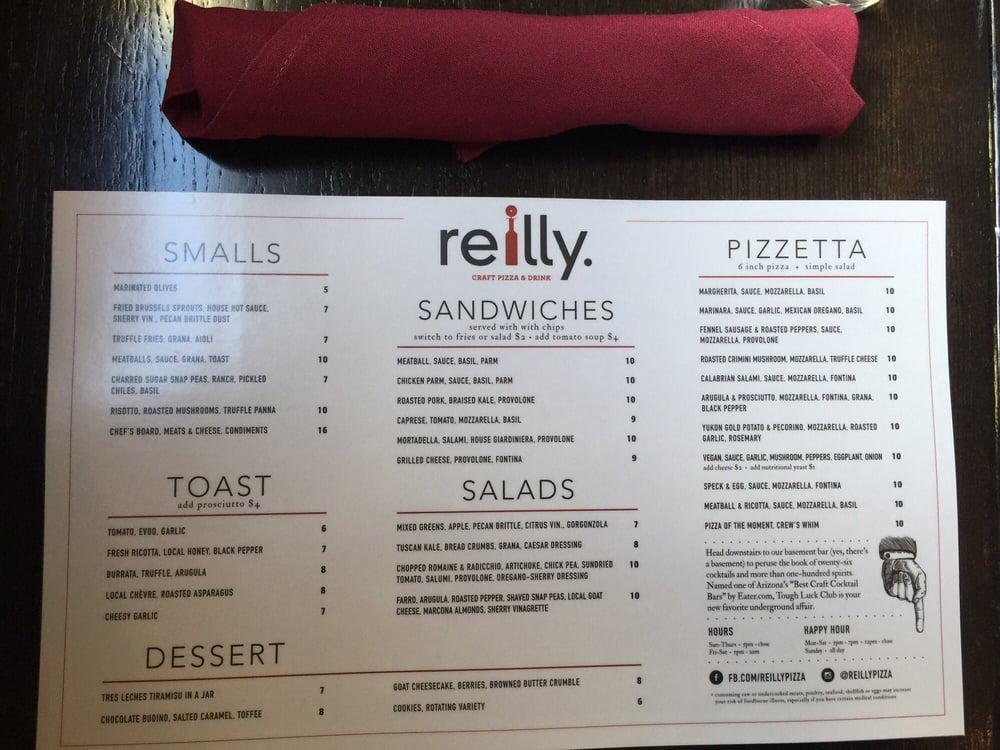 Menu at Reilly Craft Pizza and Drink restaurant, Tucson