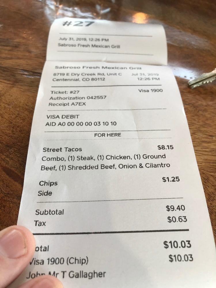 Menu at Sabroso! Fresh Mexican Grill restaurant, Centennial