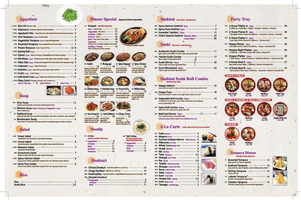 Menu at U-Know Sushi restaurant, Toronto