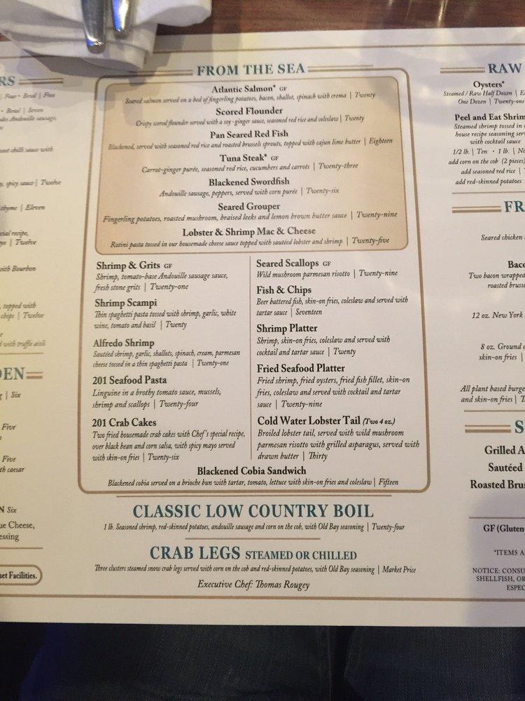 Menu at 201 seafood restaurant, Savannah