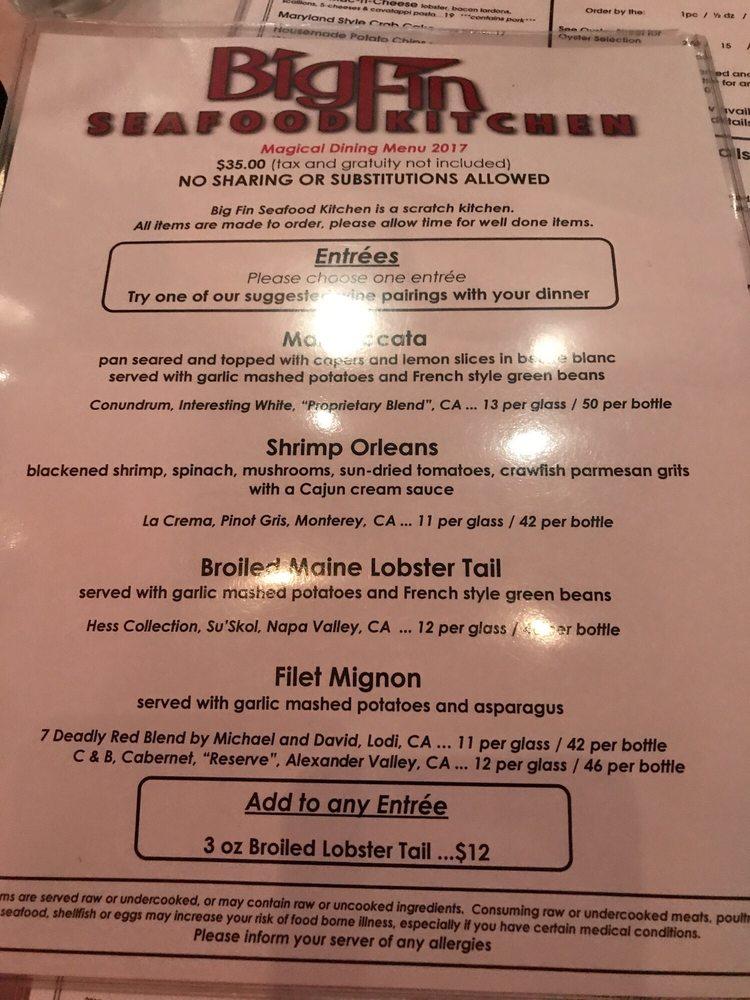 Menu at BigFin Seafood restaurant, Orlando