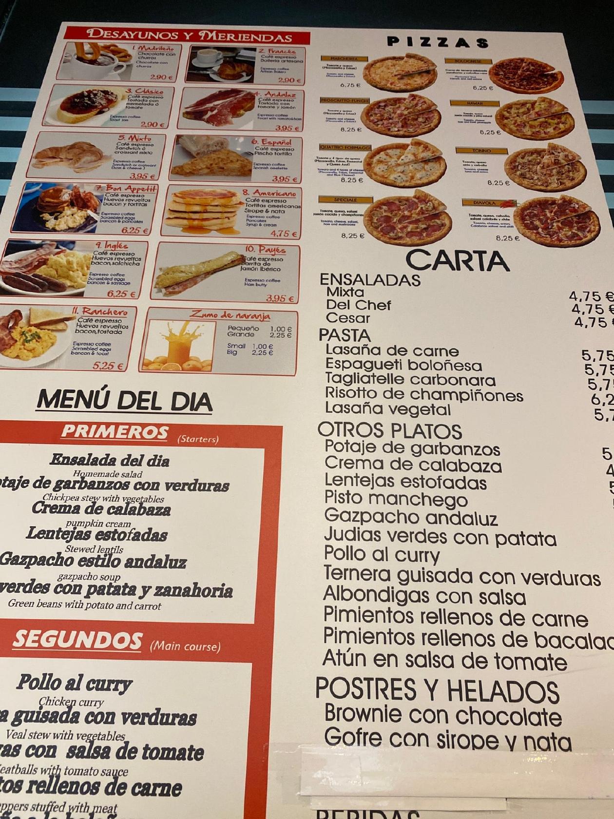 Menu at Bon Appétit! Cafe Pasteleria, Madrid