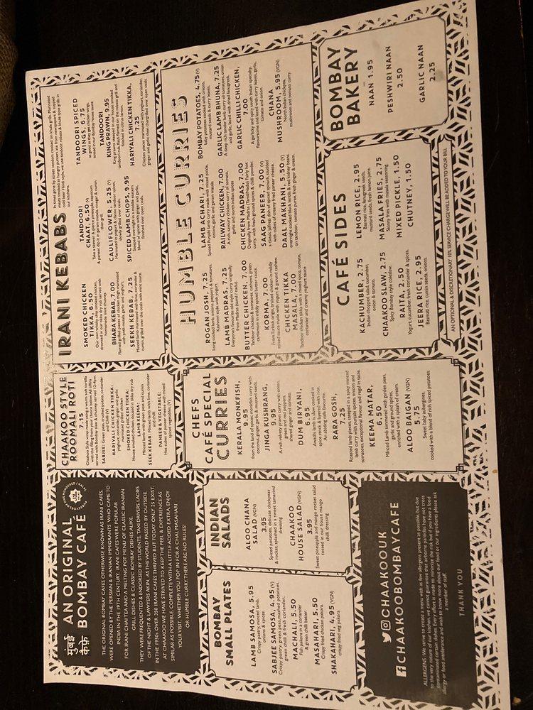 Menu at Chaakoo Bombay Cafe, Glasgow