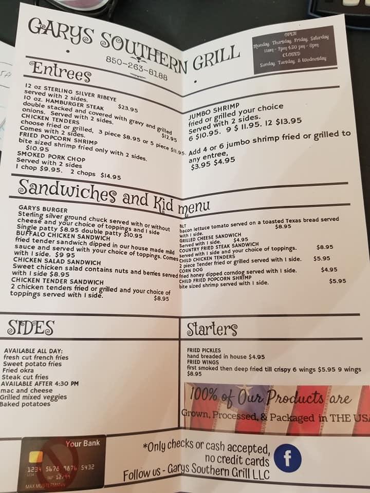 Menu at GARY'S SOUTHERN GRILL restaurant, Graceville