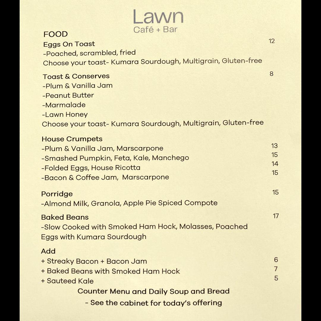 Menu at Lawn Café cafe, Auckland
