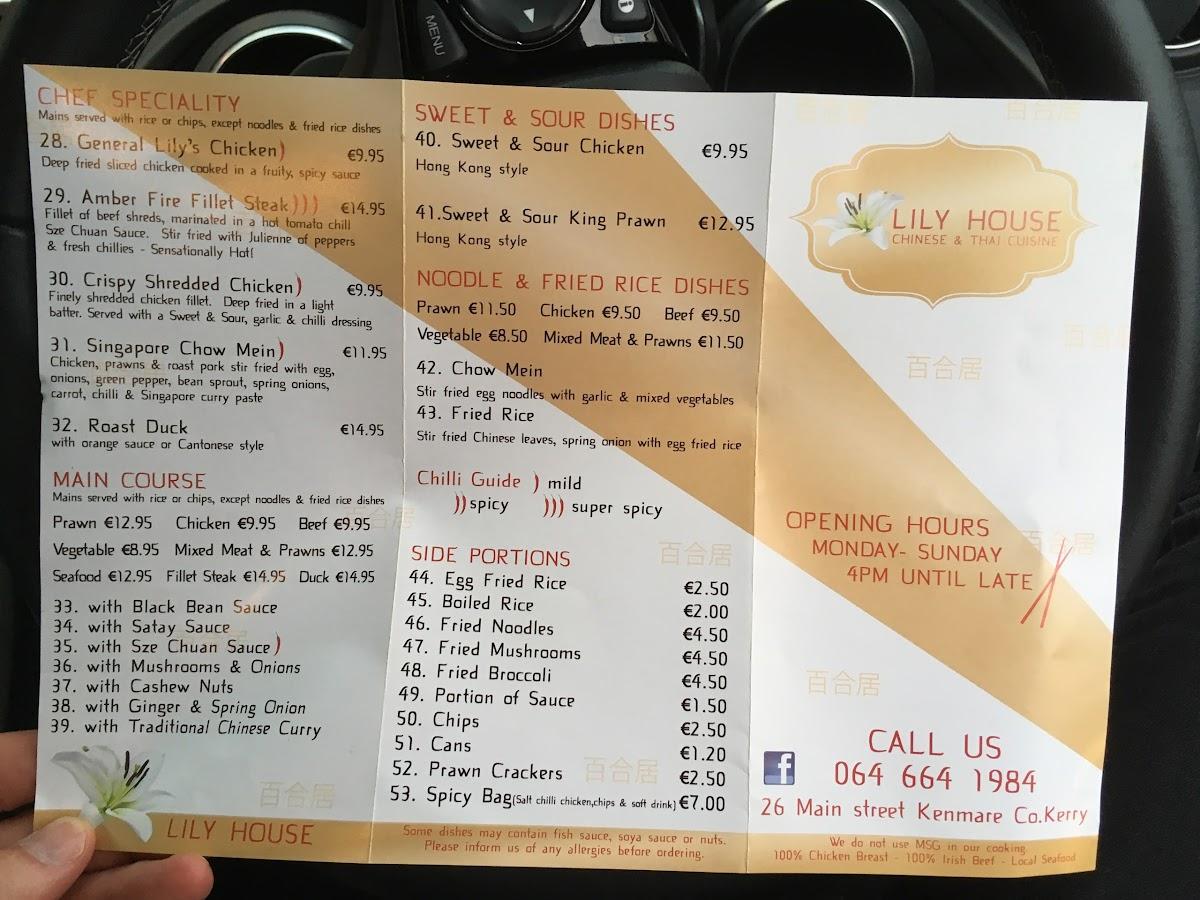 Menu at Lily House Thai & Chinese Restaurant, Kenmare