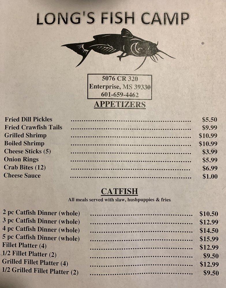 Menu at Long's Fish Camp restaurant, Enterprise