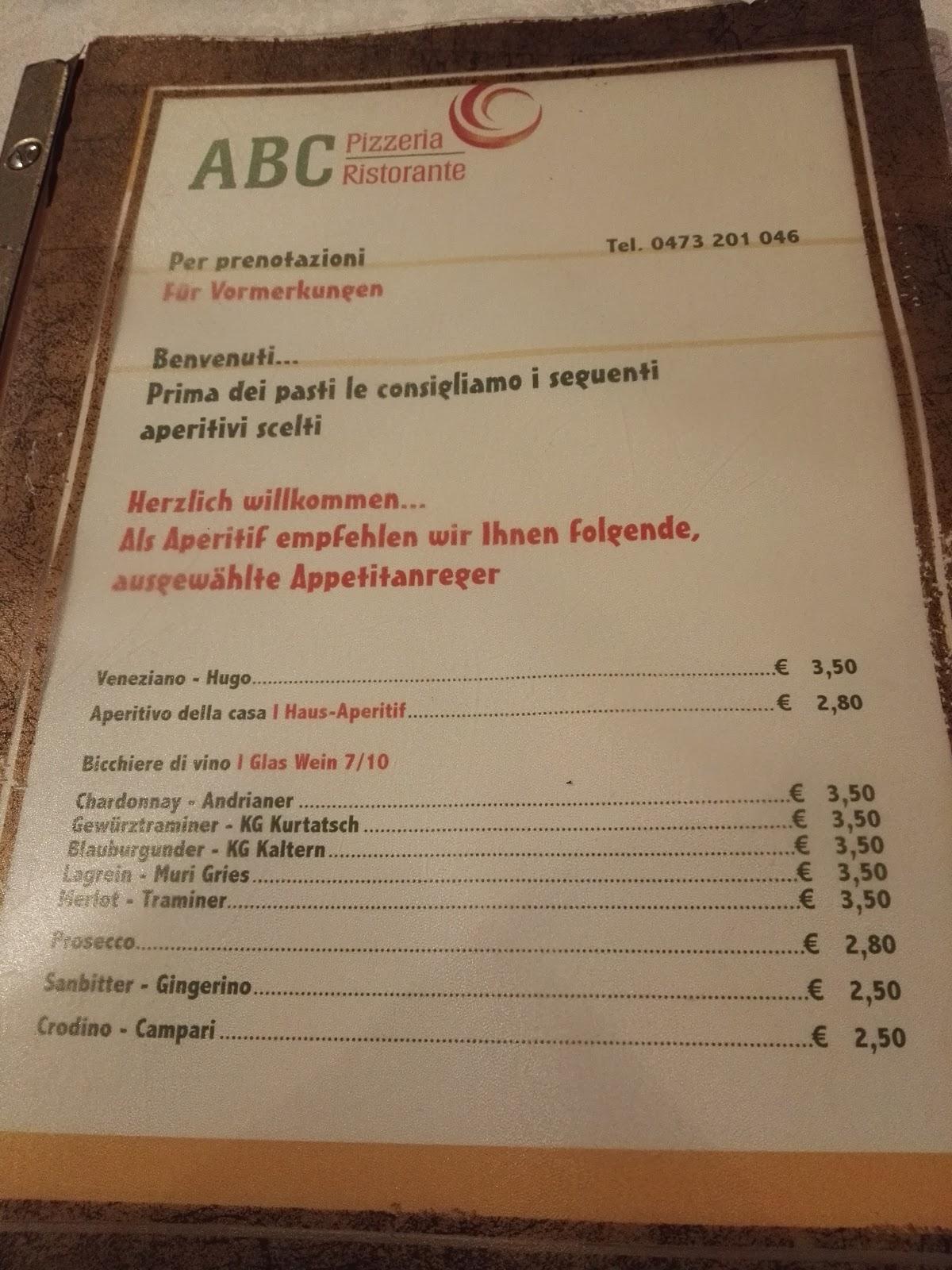 Menu da Pizzeria Abc, Merano