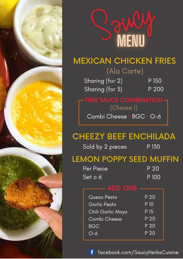 Menu at Saucy restaurant, Cabuyao
