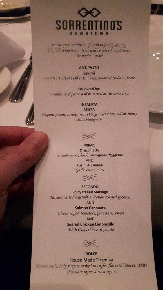 Menu at Sorrentino's Downtown restaurant, Edmonton, 100 St NW