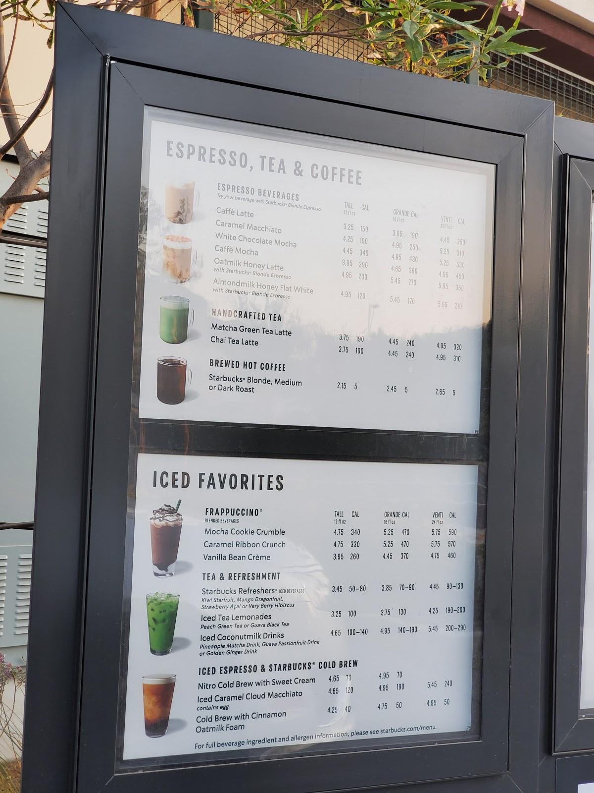 Menu at Starbucks restaurant, Rialto, W Foothill Blvd
