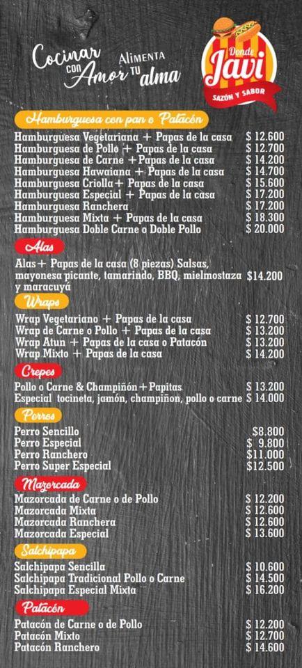 Menu at Donde Javi restaurant, Bogotá