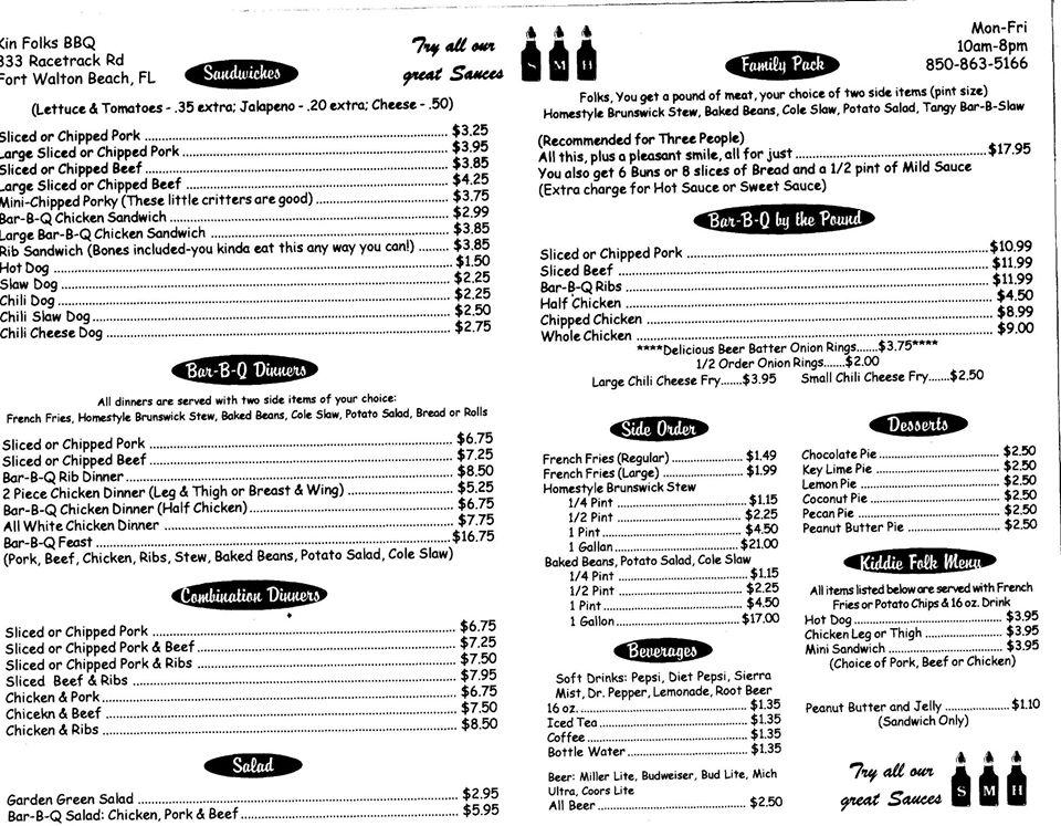 Menu at Kinfolks BBQ Fort Walton Beach, Fort Walton Beach