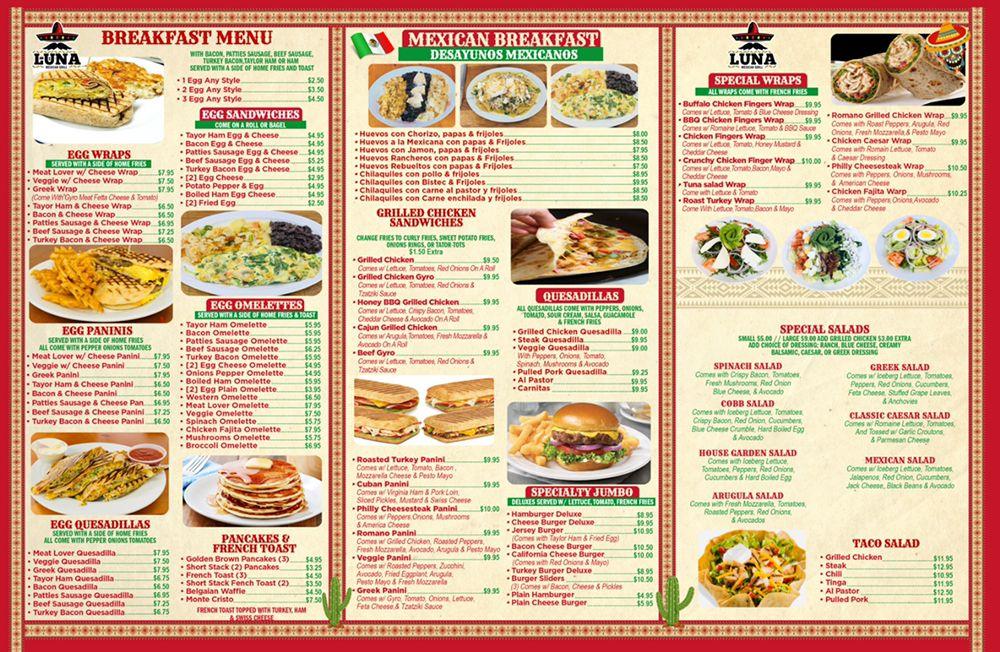 Menu at Luna restaurant, Kenilworth