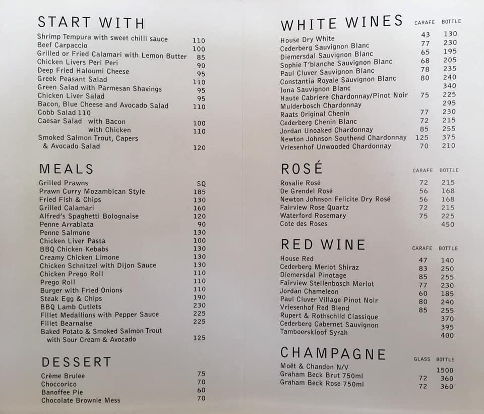 Menu at Mano's restaurant, Cape Town