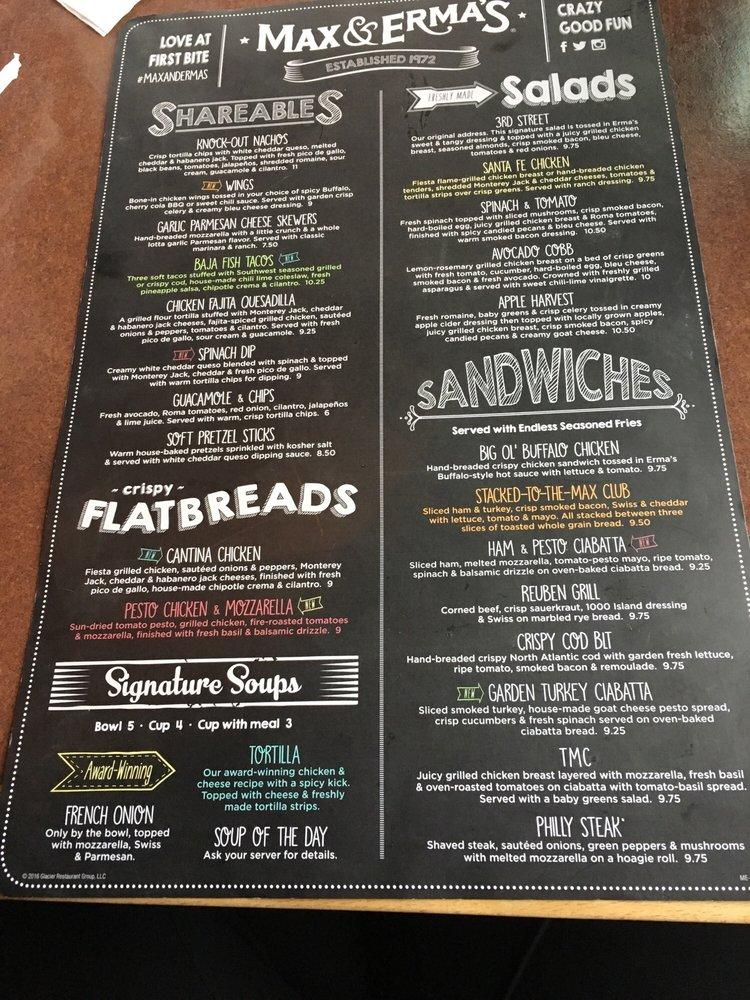 Menu at Max & Erma's restaurant, Lancaster, N Memorial Dr