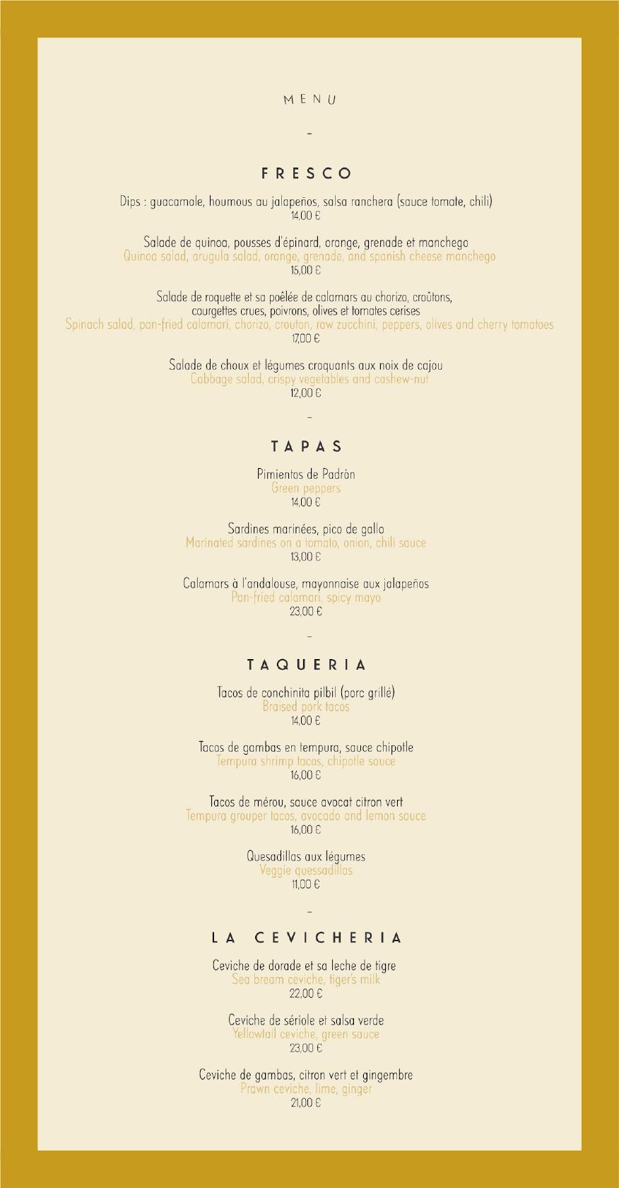 Menu at Pablo restaurant, Saint-Tropez