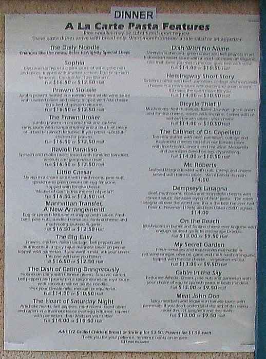 Menu at Pagliacci's steakhouse, Victoria