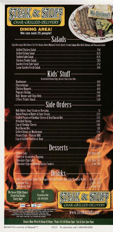 Menu at Steak and Stuff steakhouse, Sheffield, 401 Cox Blvd Ste F