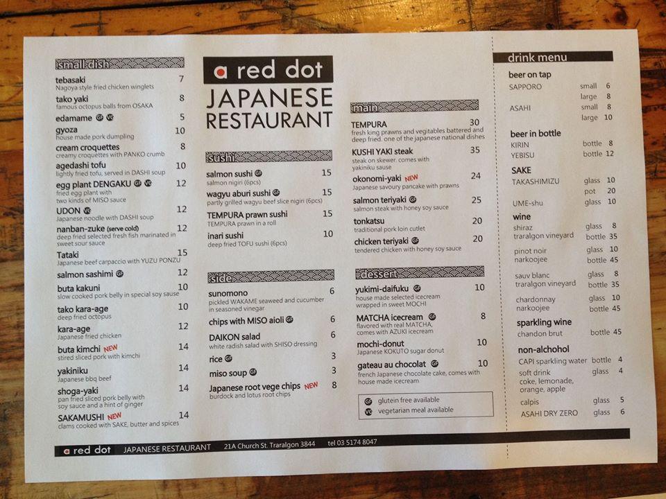 Menu at A red dot Japanese Restaurant, Traralgon