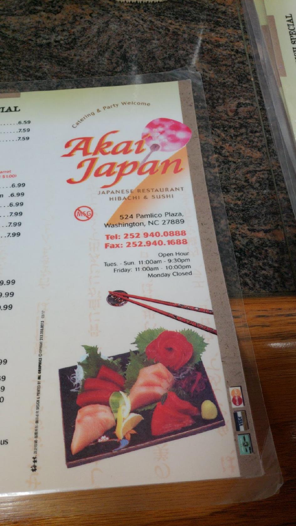 Menu at Akai Japan restaurant, Washington, 524 Pamlico Plaza