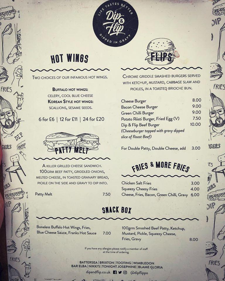 Menu at Dip & Flip Battersea restaurant, London, 87 Battersea Rise