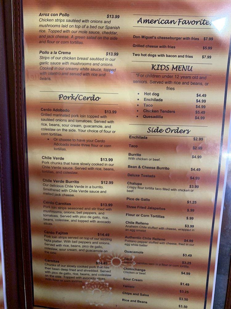 Menu at Don Miguel restaurant, Cedar City