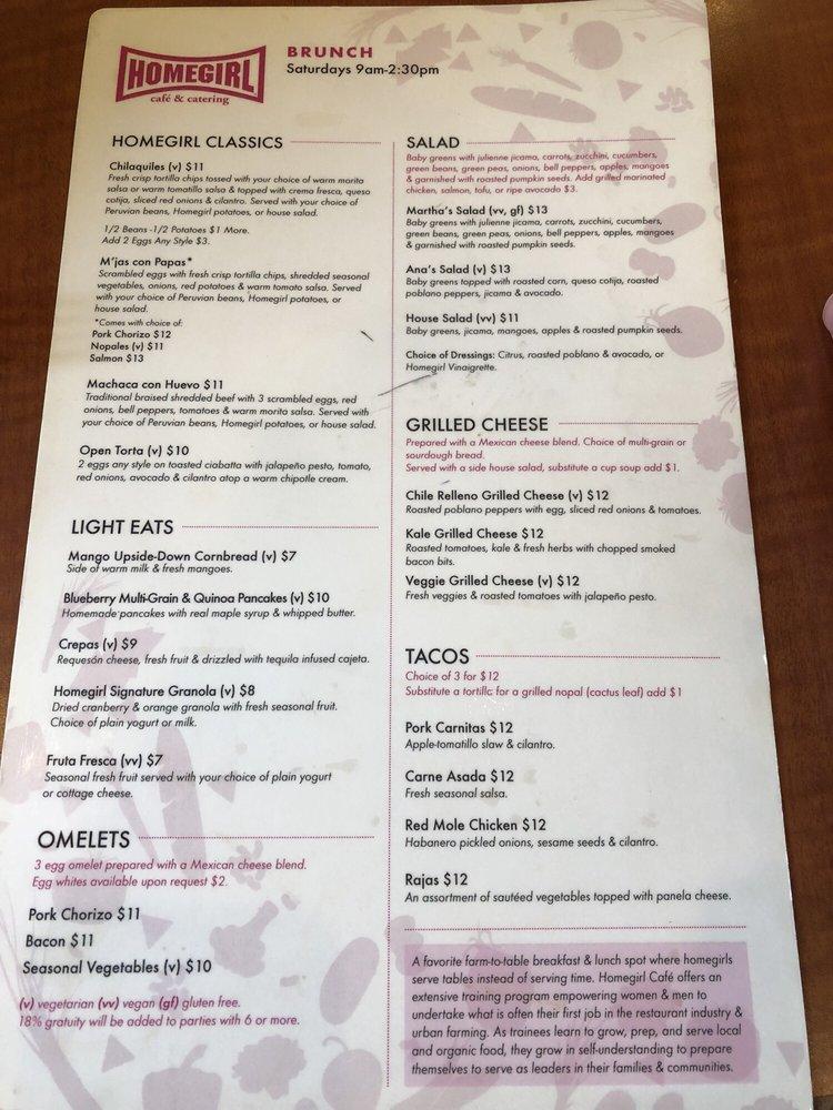 Menu at Homegirl Café cafe, Los Angeles, 130 Bruno St
