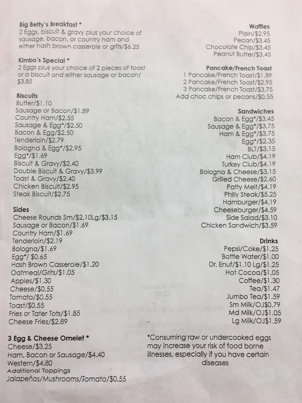 Menu at Kimbo's restaurant, Elizabethton, 256 TN-91