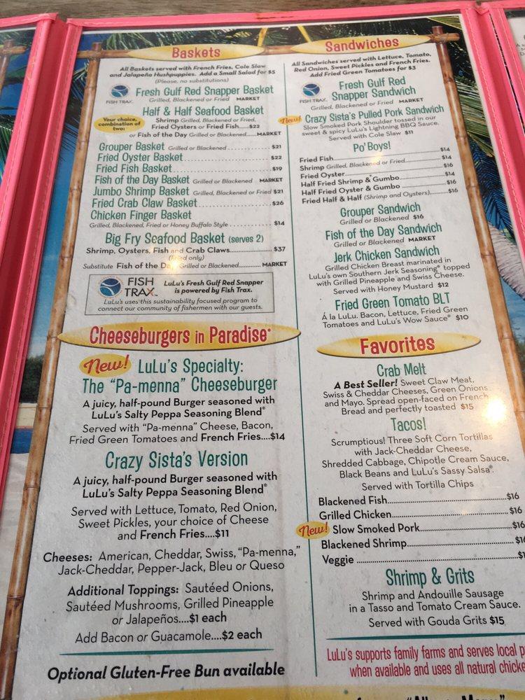 Menu at LuLu's restaurant, Destin