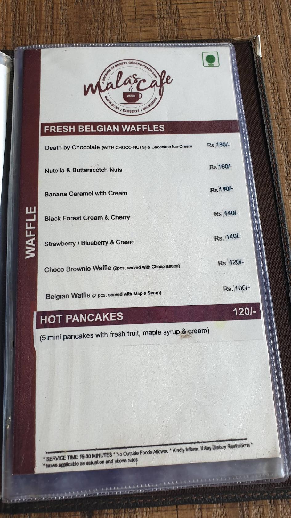 Menu at Mala's Restaurant and Factory, India