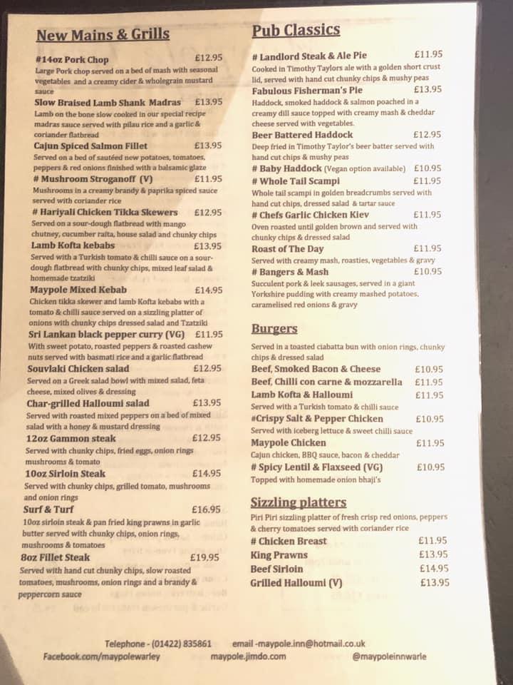 Menu at The Maypole Inn pub & bar, Halifax