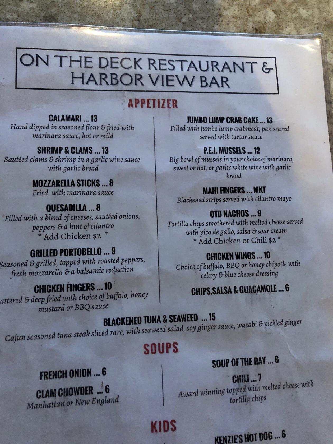 Menu at On the Deck pub & bar, Atlantic Highlands, 10 Simon Lake Dr