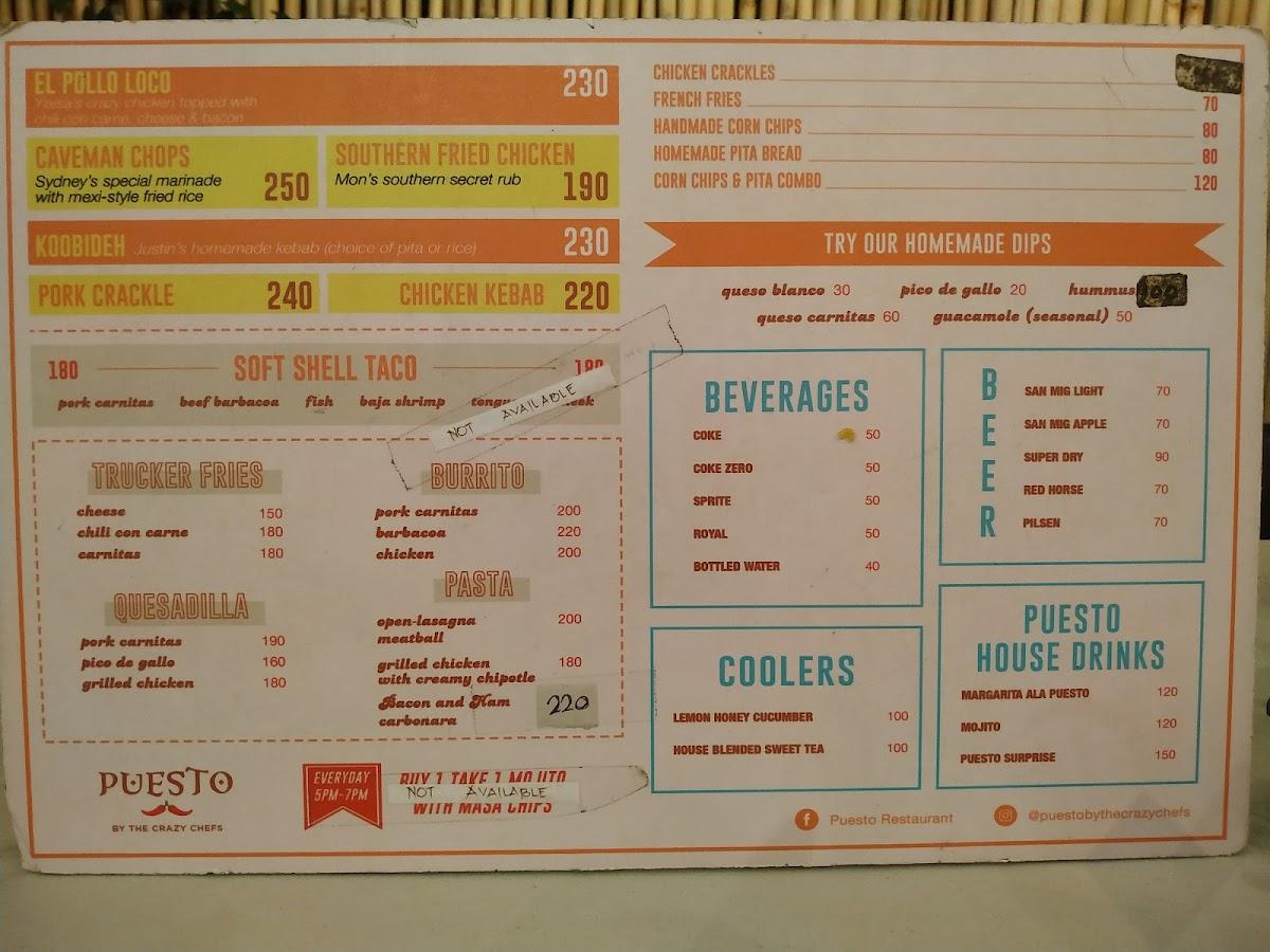Menu at PUESTO restaurant, Cebu City