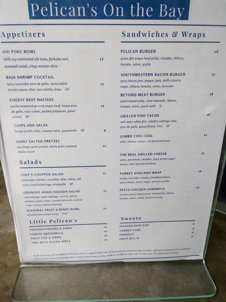 Menu at Pelican's on the Bay pub & bar, San Diego